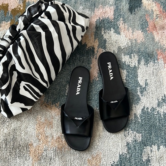 Prada | Shoes | Prada Calfskin Logo Embellished Leather Slide Sandals ...